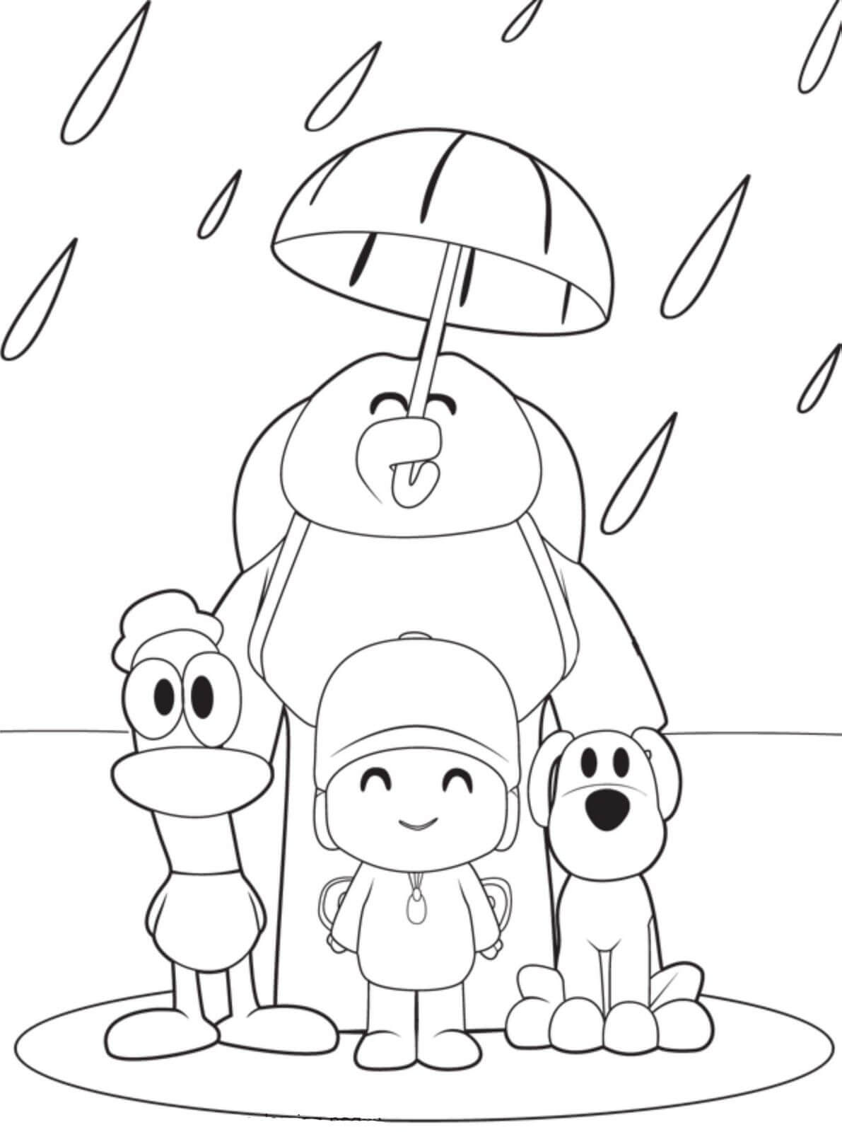 Pocoyo ve Yağmurda Duran Arkadaşlar Boyama Sayfası – Boyama Online